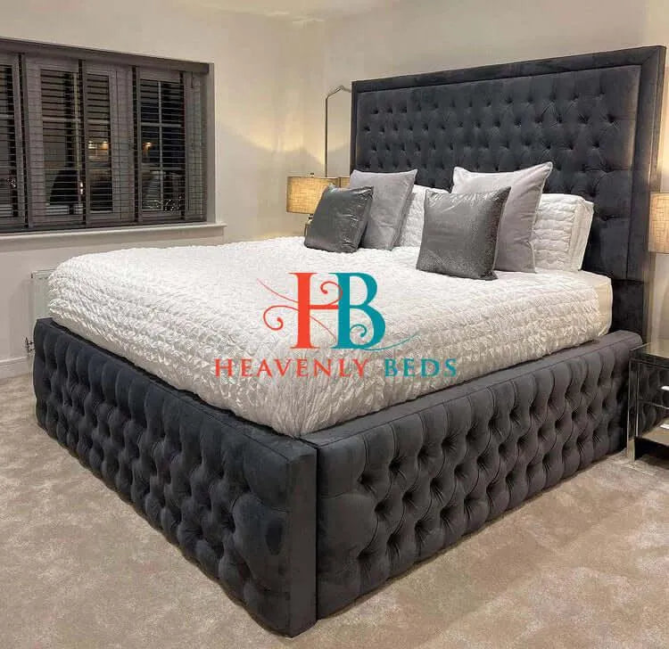 Mia Chesterfield BedFrame + High Headboard - Grey - Kingsize – Heavenlybeds