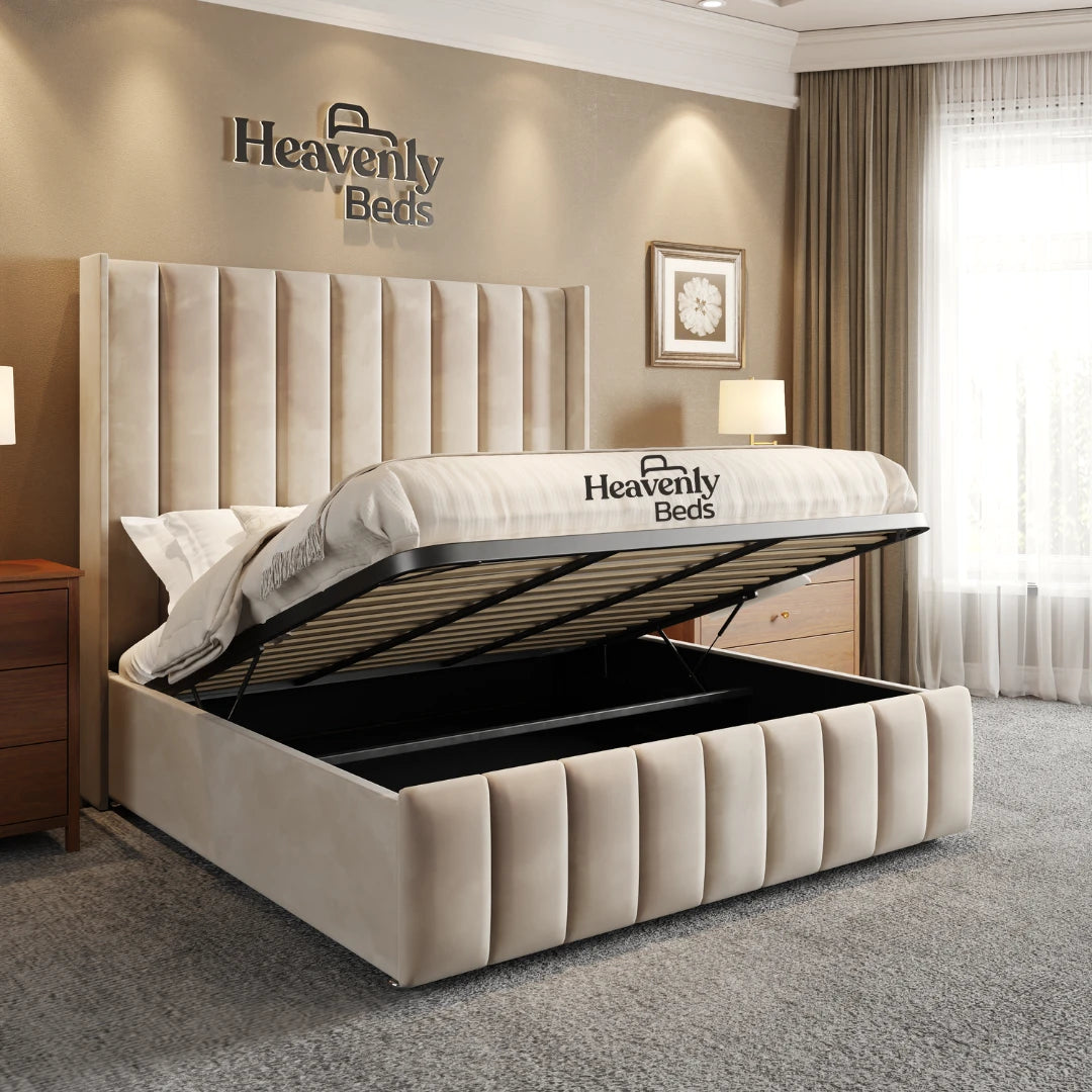 Larch Wingback Storage Bed - 5ft King Size - Cream Plush Velvet ...