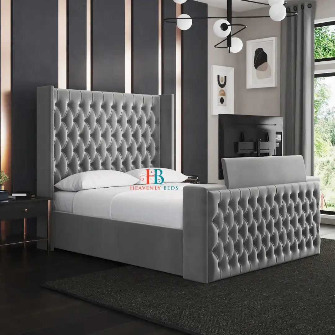 Gainford Wingback TV Bed Frame - 5FT Kingsize - Grey Velvet – Heavenlybeds
