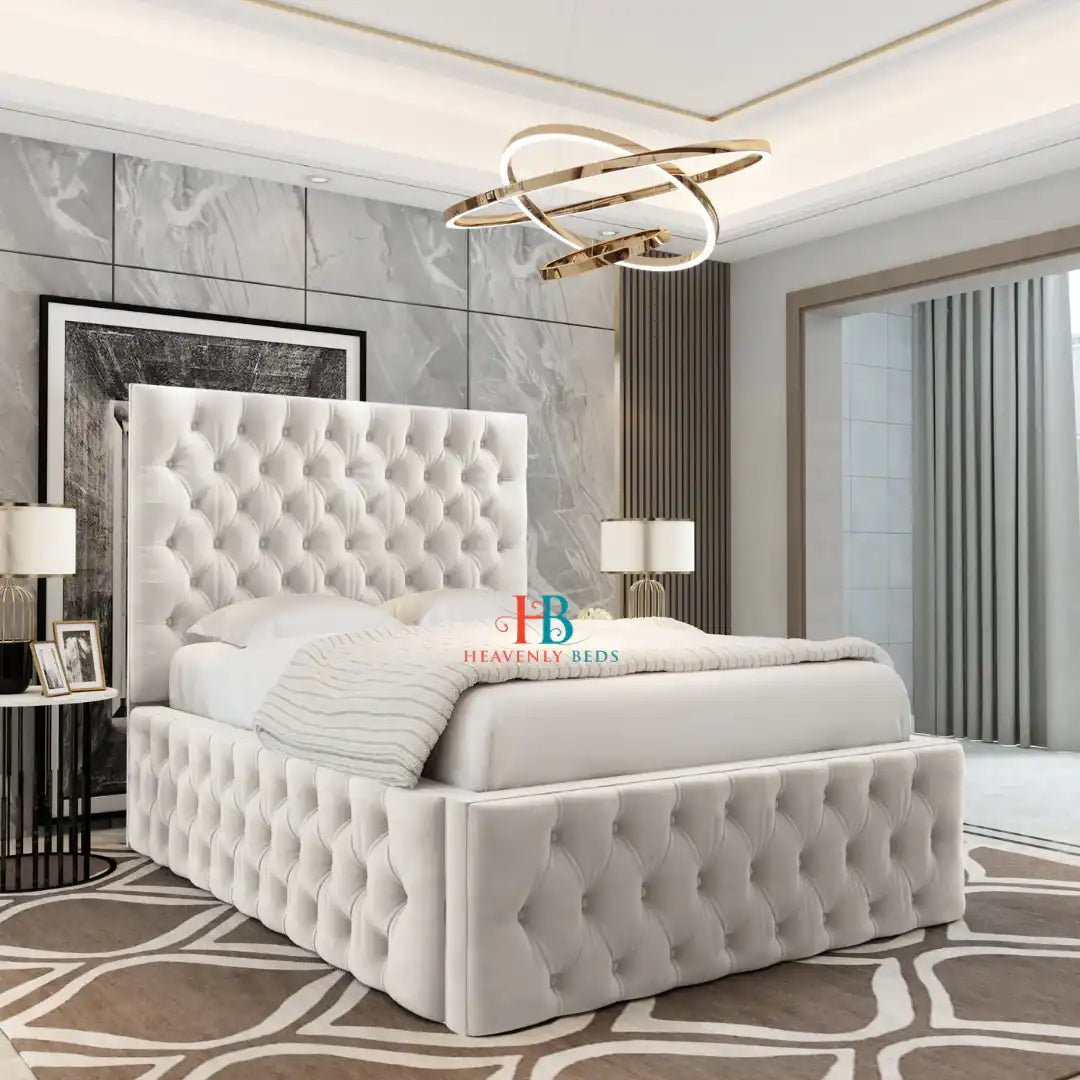 Camden Luxury Upholstered Bed Frame With High Base - Tall Headboard ...