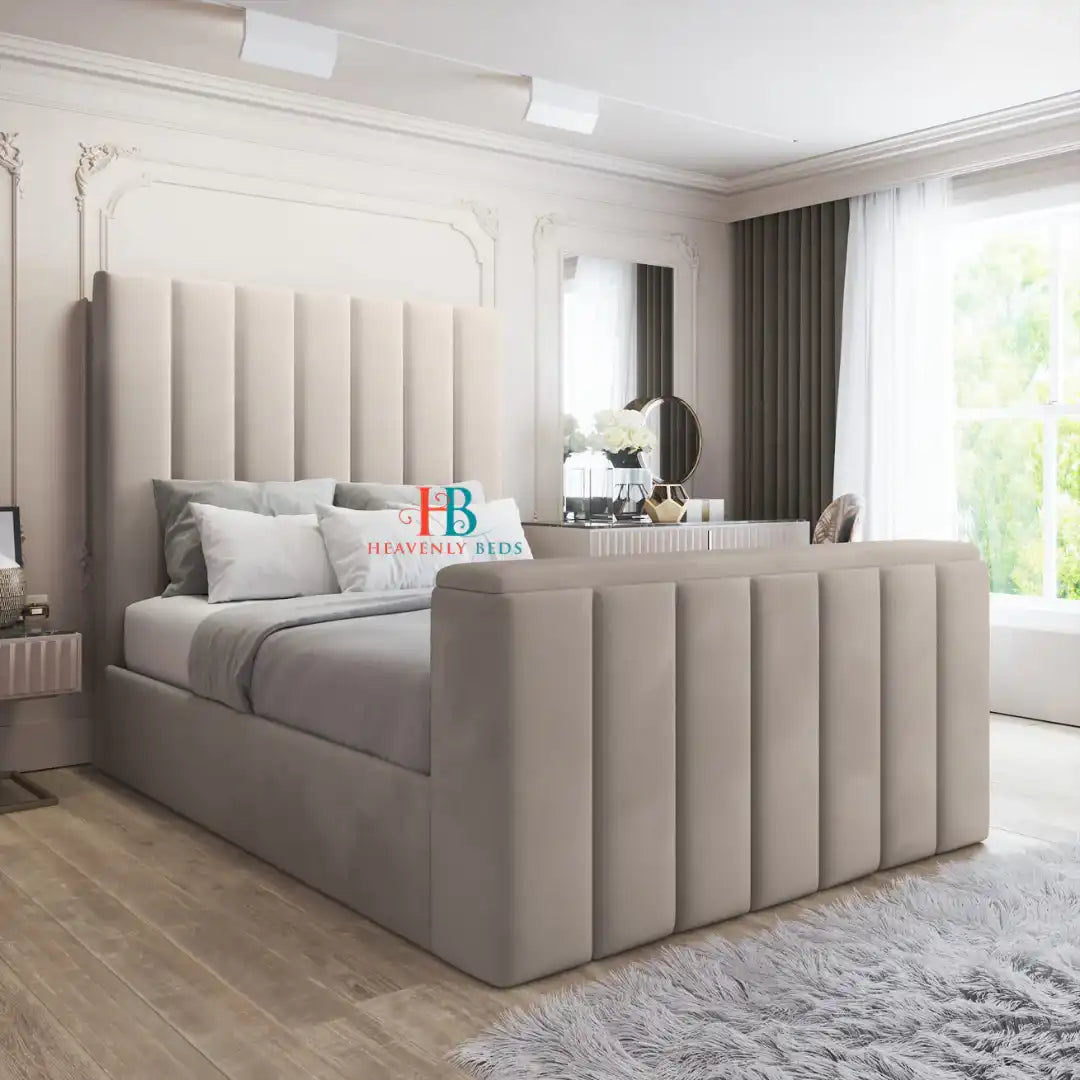 TV Bed Frame Cream Velvet + 5ft Kingsize – Heavenlybeds