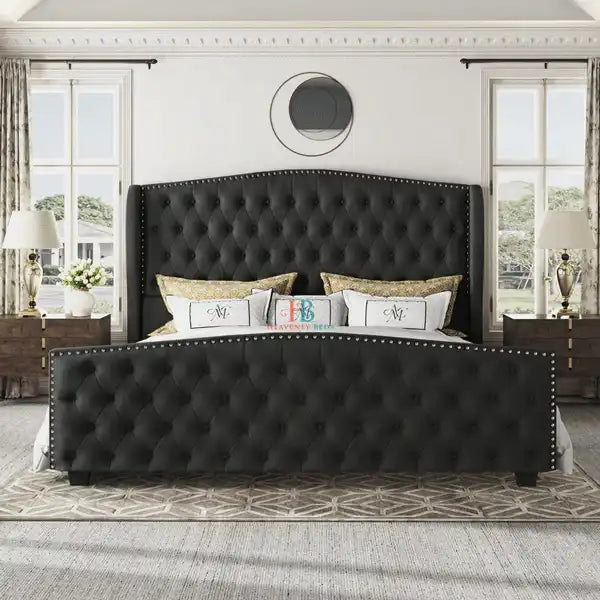 Riley Luxury Black Wingback Bed + 5ft Kingsize + Tall Headboard ...