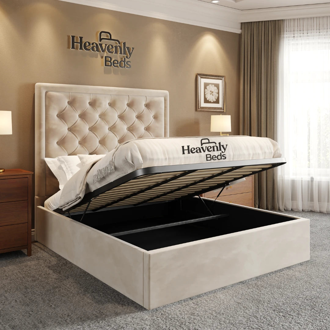 Caspian Upholstered Storage Bed - 5ft King Size - Cream Plush Velvet ...