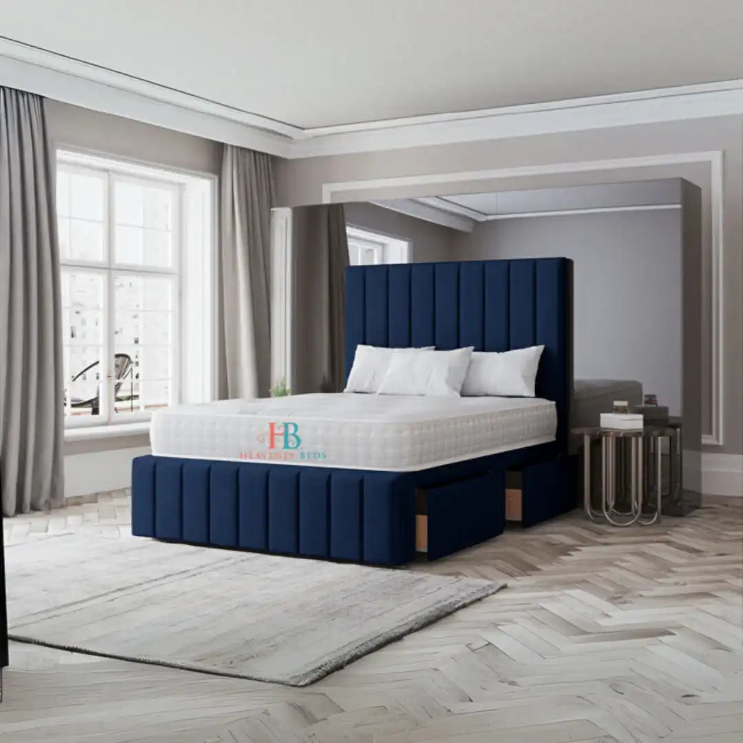 Flora Storage Divan Bed - Blue Velvet Headboard Mattress Set – Heavenlybeds
