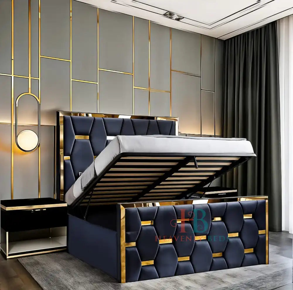 Deluxe Slate Plush Mirror Bed Frame with Gas Lift – Gold Trim Finish ...