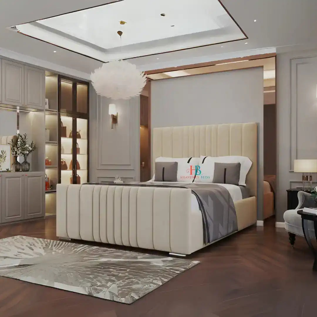 Lisbon Bed Frame + Gas Lift Ottoman - 4ft6 Double - Cream Plush Velvet ...