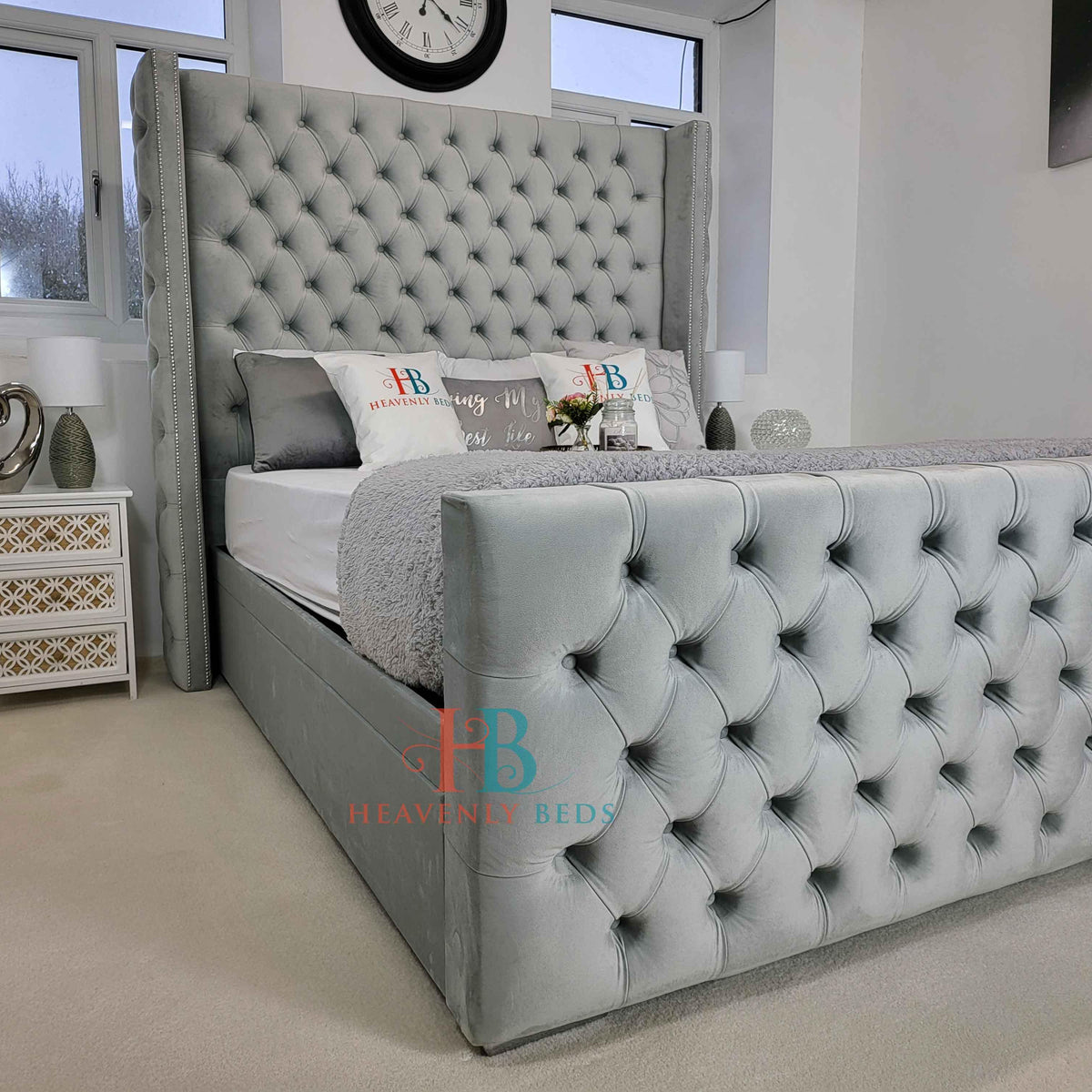 Evista Wing Bed Frame Tall Headboard - 4ft6 Double - Storage – Heavenlybeds